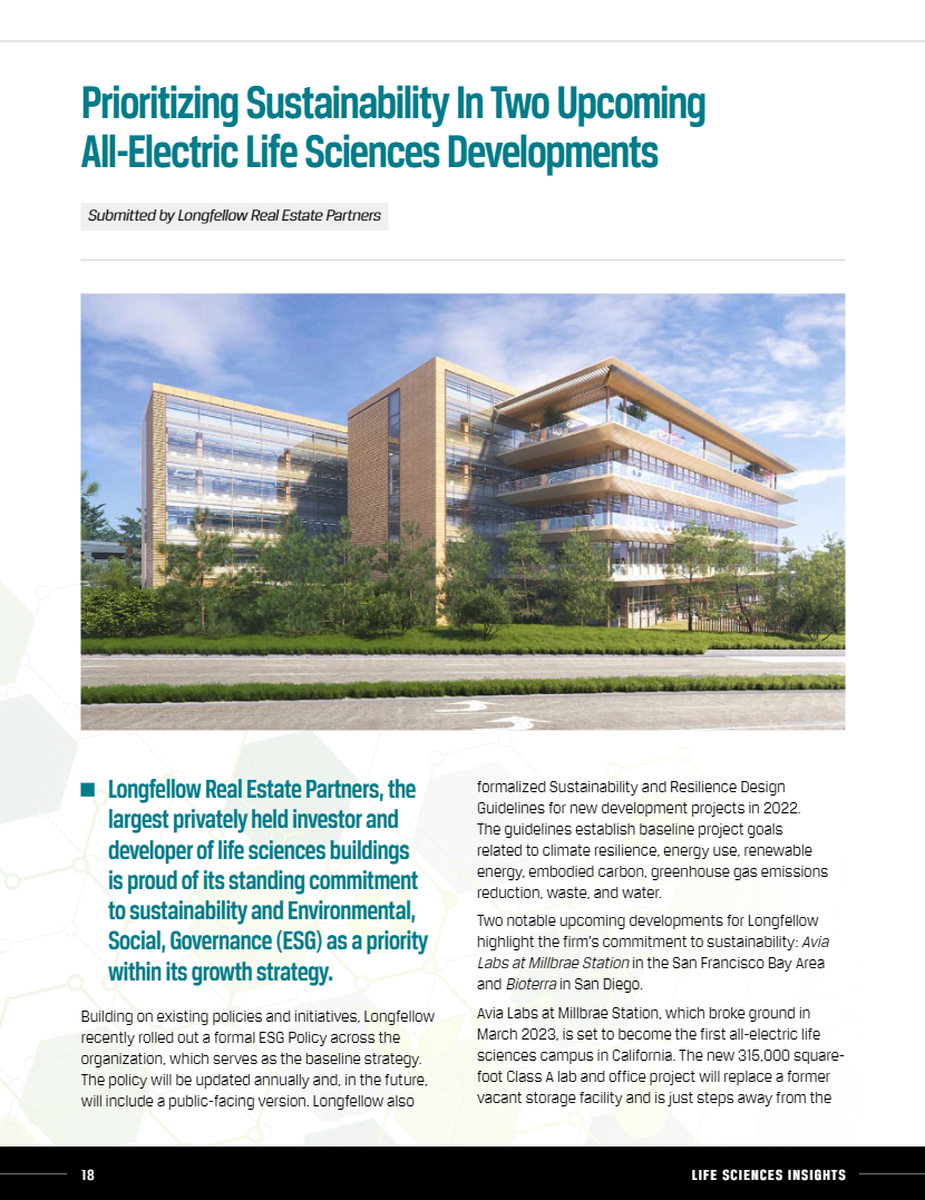 Longfellow's Sustainable Developments Highlighted In CA Life Sciences Magazine - Longfellow